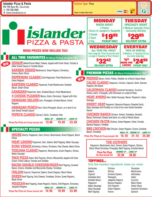 Islander Pizza & Pasta - Menu, Hours & Prices - 5-795 Ryan Rd ...