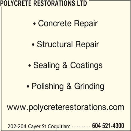 Polycrete Restorations Ltd - Coquitlam, BC - 202-204 Cayer St | Canpages